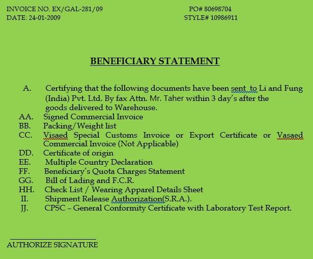 Beneficiary Statement Signed Sample - Auto Garment